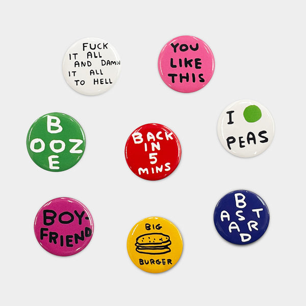 David Shrigley Pin Badge 8 Pack - Set 1 - Penny Black